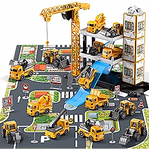 TEMI Construction Vehicles Toy for Boys, 60PCS Kids Engineering Trucks Vehicle w/Tractor, Crane, Dump, Excavator and Map, Birthday Gift Toys for 3 4 5 6 7 Year Old Boys Children Toddlers