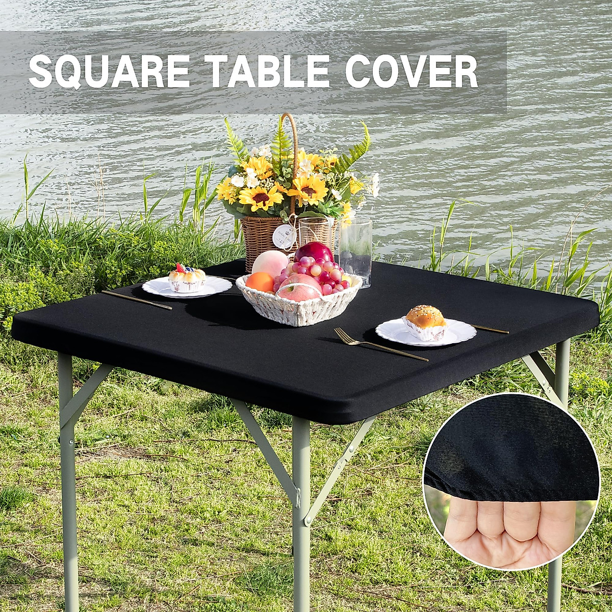 Nacuci Square Fitted Table Cover Elastic Tablecloth Stretch Spandex Table Top Cover Table Topper Cap for Dining Kitchen Home Party Black 34X34 Inch