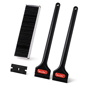 NEWISHTOOL 2 Pcs Long Handle Plastic Razor Blade Scraper with 100 PCS Spare Replacement Plastic Blades, Sticker Remover Glue Residue Scraper Tool Long Reach Razor Scraper for Hard to Reach Corner