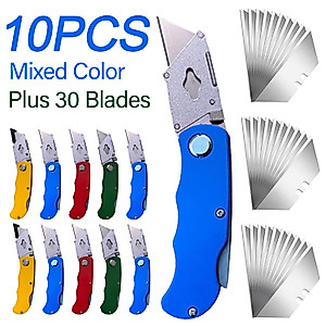 10Pcs Folding utility Knives & 30Pcs Blades Set for Crafts, Heavy Duty Retractable Box Cutters, Exacto Knife, Paper Cutter (Heavy Utility Knife)