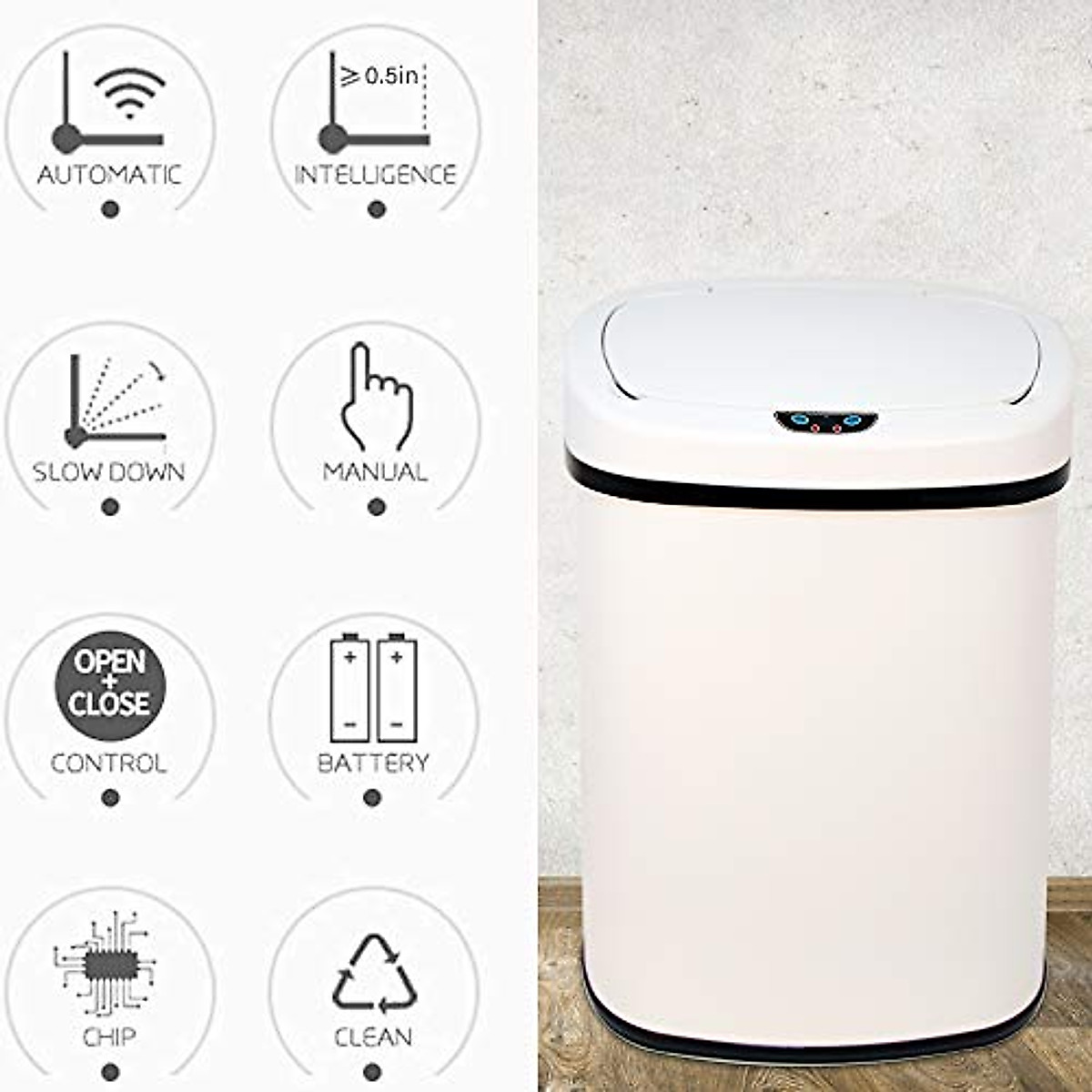 BHP Automatic Garbage can, Touch Free Stainless Steel Trash Can, No Touch Kitchen Waste Bin,High-Capacity Bathroom Trash Can with Lid for Home Bedroom Office, Powered by Battery, White