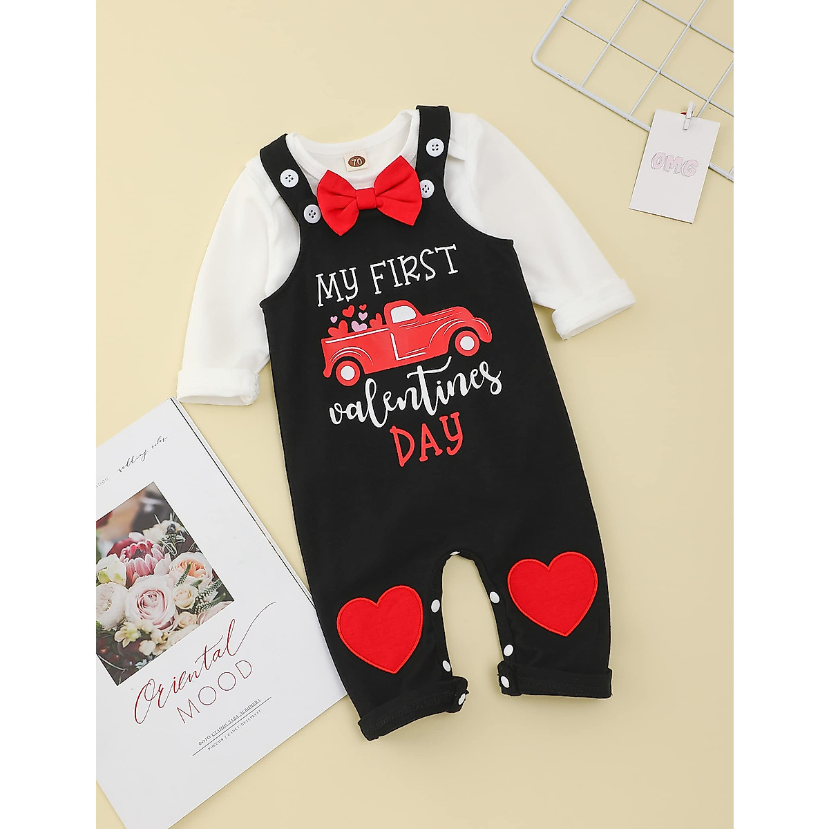 bilison My First Valentine's Day Outfit Newborn Baby Boys Clothes Bow Tie Bodysuit Print Overalls 2Pcs Romper Set 0-12 Months