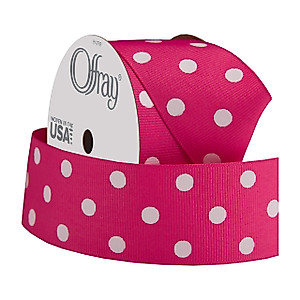 Offray 945865 1.5" Wide Grosgrain Ribbon, Shocking Pink and White Polka Dot, 3 Yards