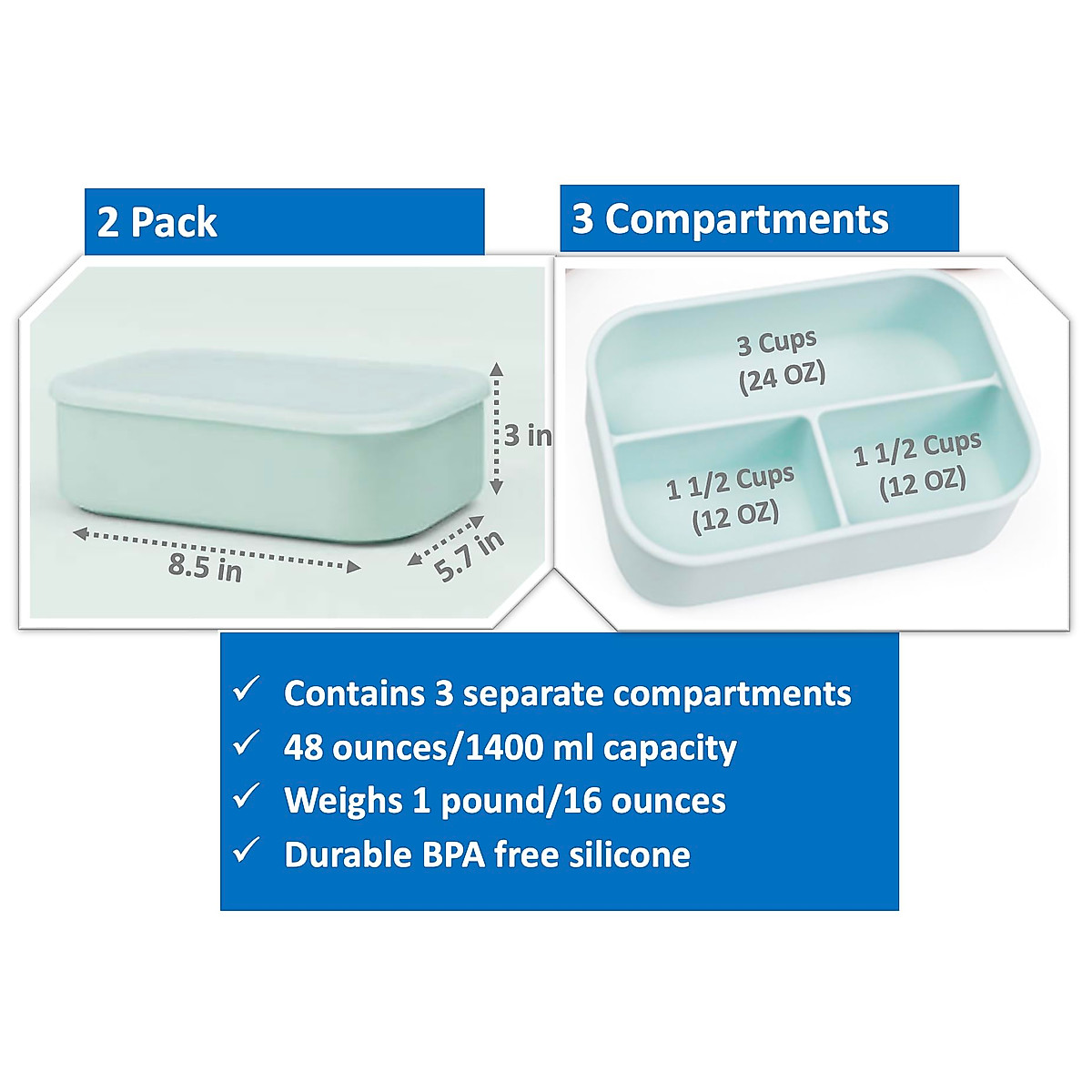 Cocina Vida 2 Pack Large Divided Food Storage and Meal Prep Containers - BPA Free Bento Box - Food Grade Silicone Lunch Box, 3 Compartment Leak Proof - 48 Ounce/1400 ml