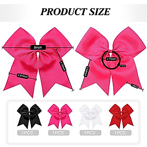 TUUXI 4pcs Large Cheer Hair Bows 8 Inch Grosgrain Ribbon Elastic Bands Ties Ponytail Holder for School College Sports Cheerleading Cheerleaders Bows Black Red Pink White