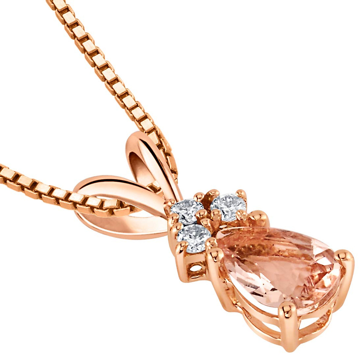 PEORA 14K Rose Gold Morganite and Diamond Pendant for Women, Genuine Gemstone Dainty Teardrop Solitaire, Pear Shape, 7x5mm