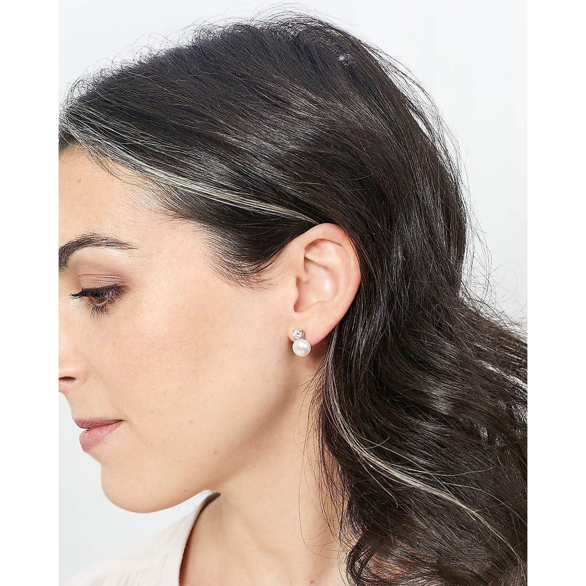 Women Pearl Stud Earrings, Fresh Water Cultured Pearls Button Shape 8-9 mm with a Cubic Zirconia Stone by Secret & You | Sterling Silver 925 Mounts with big nuts.