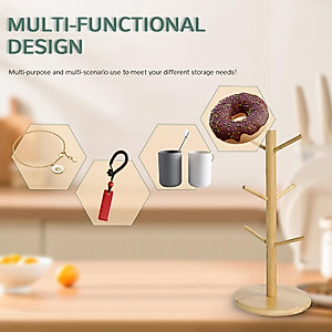 Roucerlin 1 Pack Wooden Coffee Mug Tree, Mug Holder Tree with 6 Hooks, Self-Mounting Mug Tree for Counter, Coffee Mug Stand Rack for Kitchen, Living Room, Coffee Station, Bar (Wood)