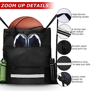 AURUZA Drawstring Backpack Bag, Waterproof Black Draw String Back Sack with Zip Pocket PE Gym Cinch Tote Basketball Soccer String Bags Sackpack Bulk Swim Bag for Men Women