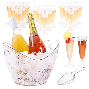Barafat Ice Buckets for Parties (4L) & Ice Bucket Scoop & 24 Mimosa Glasses (5 Oz), Acrylic Champagne Bucket with Plastic Champagne Flutes, Clear Drinks Beverage Tub for Cocktail Bar