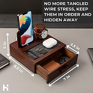 Nightstand Organizer For Men - Wood Phone Docking Station to Charge Your Phone and Organize Your Watch & Accessories - Wood Charging Station with Lined Tray & Drawer - Mens Docking Station Organizer