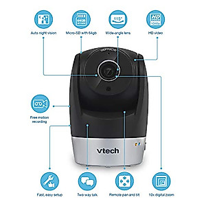 VTech VC9511 Wi-Fi IP Camera with 1080p Full HD, Remote Pan & Tilt, Free Live Streaming, Free motion-detected recording, Automatic Infrared Night Vision & Smart Security Alarm