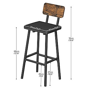 HOOBRO Bar Stools, Bar stools Set of 2 PU Upholstered Tall Bar Chairs, Barstools with Backrest and Footrests, for Kitchen, Dining Room,Bar, Cafe, Rustic Brown and Black BF84BY01