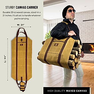 Log Carrier for Firewood Bag - 20oz Waxed Canvas wood carriers with Handles for Fire Logs storage- Fireplace and Campfire Accessories - Durable Waterproof Heavy-Duty Canvas Bag Carrier -