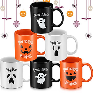 Uiifan 6 Pcs Halloween Mugs 10.8oz Good Morning Pumpkin and Hey Boo Coffee Mugs Good Morning Pumpkin and Hey Boo Ghost Ceramic Matching Mugs for Halloween