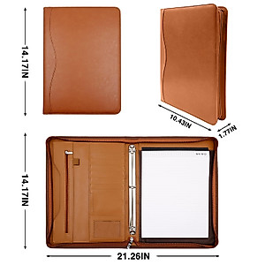 Linaxbong Padfolio Portfolio Business Binders—3 Ring Binders，Secure Zippered Closure，Resume padfolio Business Organizer—Pu Leather Padfolio Portfolio Binders for Men & Women (Brown)