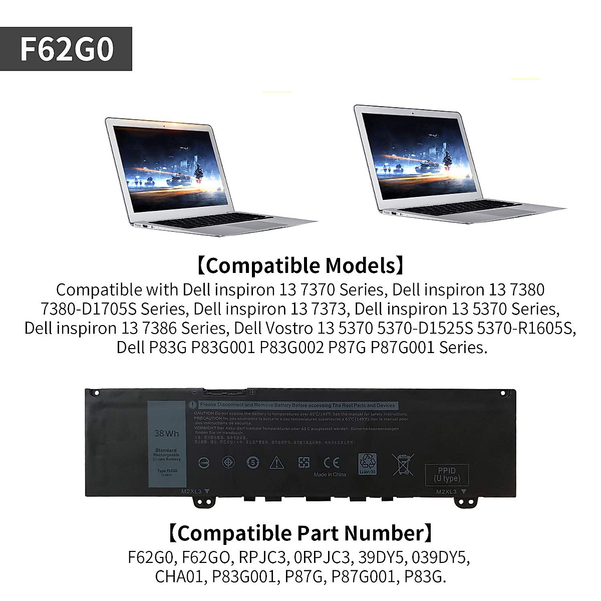 SWEALEER F62G0 Laptop Battery Replacement for Dell Inspiron 13 5370 7000 7370 7373 7380 7386 P83G P83G001 P83G002 P87G P87G001 Vostro 13 5370 D1525S D1505G R1605S D2505G Series F62GO RPJC3 39DY5