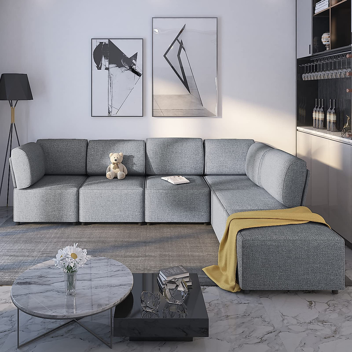 CECER U Shaped Modular Sectional Sofa, Convertible L Shaped Couch Sofa, Queen Sleeper Sofa, Variable Modular Oversized Couches for Living Room, (Light Grey)