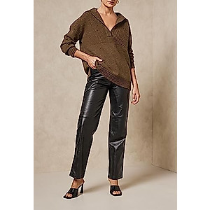 Women's 2023 Fall Casual Oversized Pullover Sweaters Lapel Collar V Neck Long Sleeve Ribbed Knit Jumper Tops Brown M