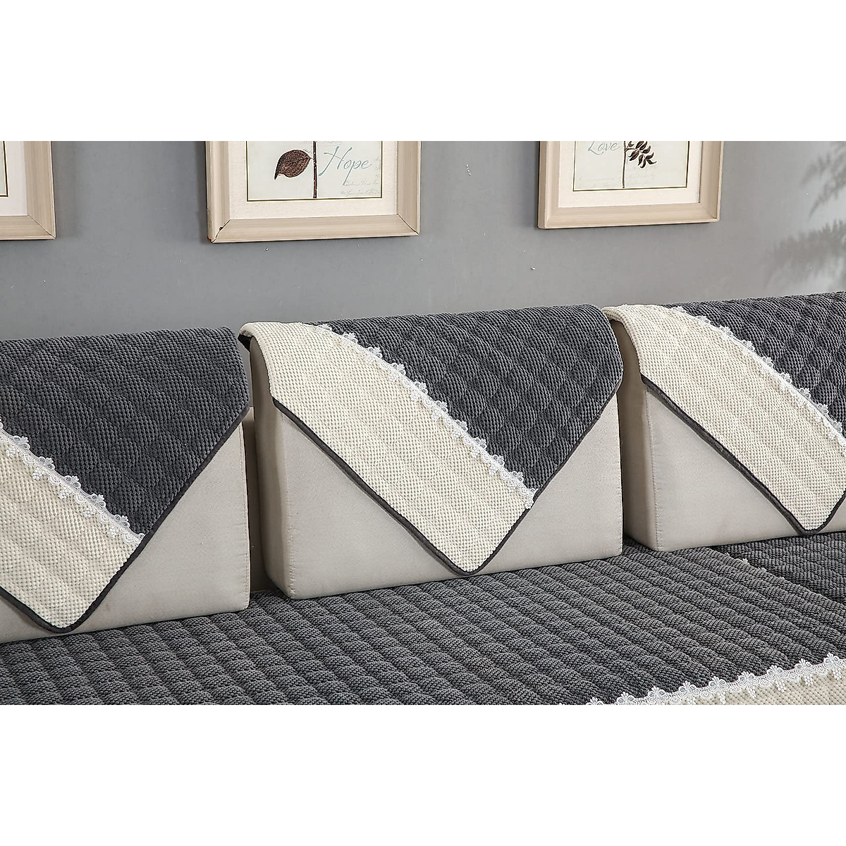 vctops Soft Corduroy Sofa Couch Cover, Plaid Sectional Couch Covers, Non-Slip Sofa Slipcover for Dogs Cats Kids(Dark Grey,36"x63")