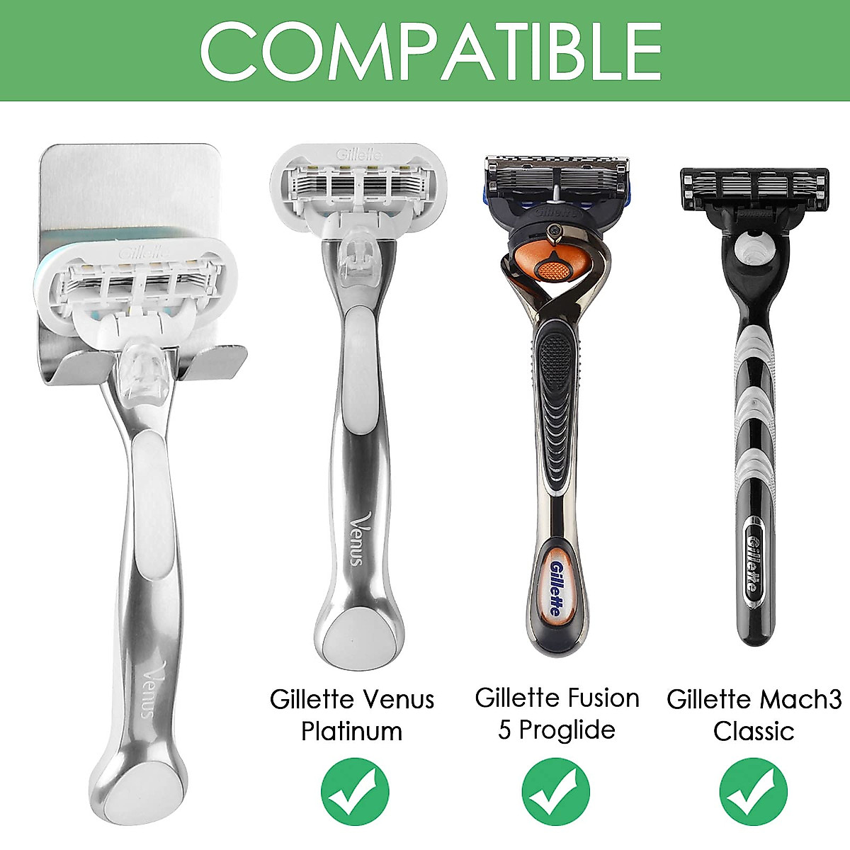 Linkidea 2 Pack Wall Mount Razor Holder for Shower, Self Adhesive Shaver Hooks, Stainless Steel Sticky Hanger Compatible Gillette with Venus Platinum, Fusion 5 Proshield, Mach 3 Classic (Silver)