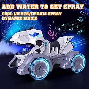 Remote Control Cars Dinosaur Trucks, 2.4 GHz Rechargeable RC Cars Dinosaur Toys for Boys Kids Age 4-7 8-12 With Light Sound Spray, 360°Rotation Drift 1:14 RC Dino Monster Truck, Gifts for Boys (White)