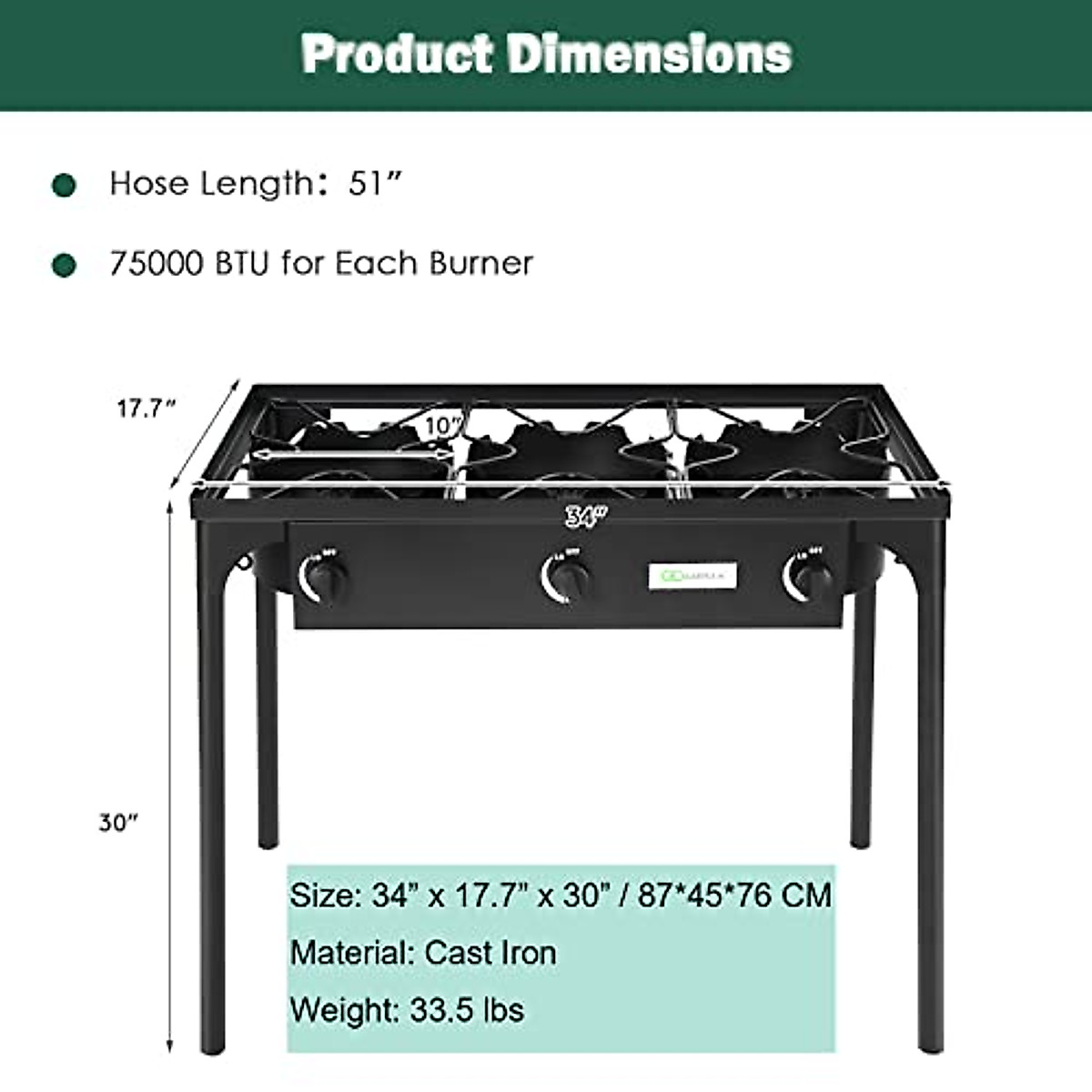 STAKOL 3 Burner Propane Stove Outdoor, 225,000 BTU Camping Stove Propane with Removable Legs & CSA Regulator, High Pressure Portable Gas Stove for Cooking Home Patio Cookout