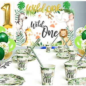 FVABO Wild One Birthday Decorations - Jungle Theme Party Supplies Tableware Includes Plates, Cup, Napkin, Balloon, Backdrop, Tablecloth, Straw, Cutlery, Banner, Safari Theme 1st Birthday Decorations