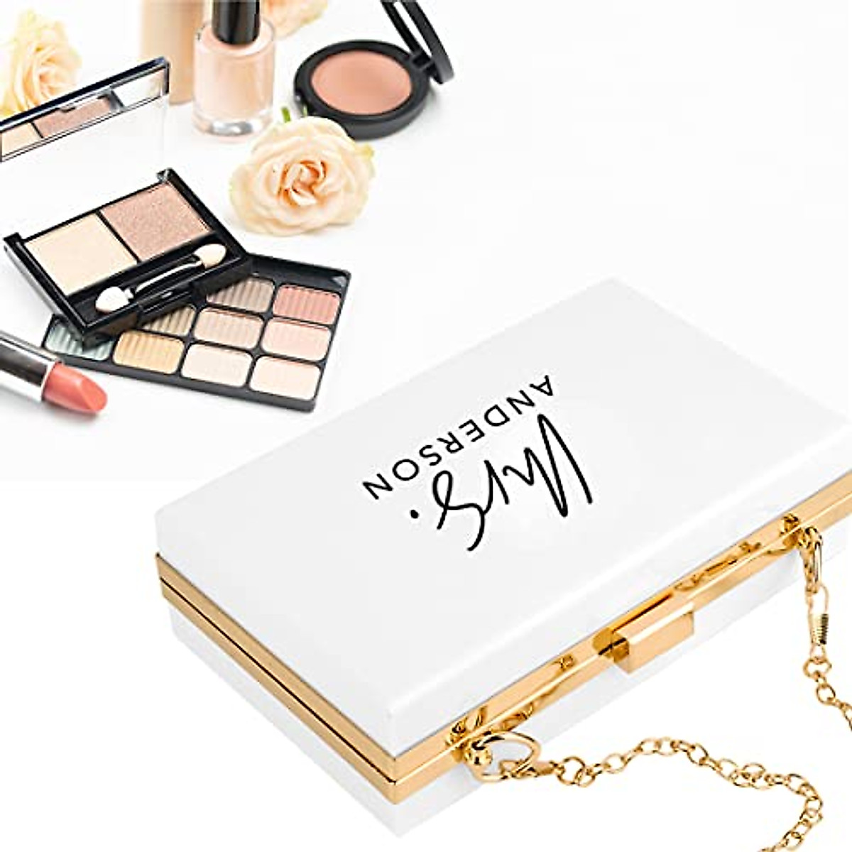 Andaz Press Personalized Acrylic Clutch Purse for Bride Custom Mrs. White Clutch Box Shoulder Handbag with Gold Removable Metal Chain for Wedding Day Bachelorette Bridal Shower Engagement Gift, 1-Pack