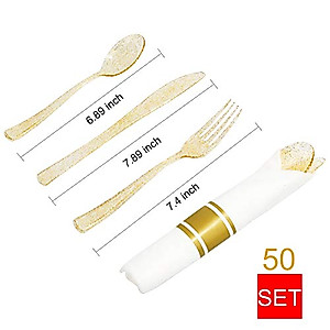 DaYammi 350 Pieces Gold Glitter Dinnerware Set 50 Guest for party- 50 Dinner Plates, 50 Dessert Plates -50 Per Rolled Napkins with Gold Cutlery - 50 Disposable Cups 9 OZ