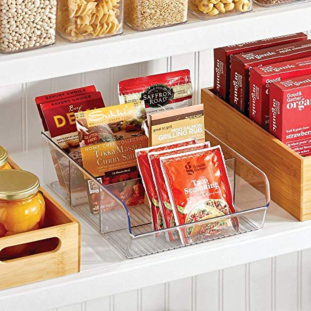 mDesign Kitchen Plastic Storage Organizer Combo Set of 2 Bins - For Kitchen, Pantry, Cabinet, Fridge/Freezer for Organizing Snacks, Produce, Vegetables, Pasta Food, 2 Piece Set - Clear