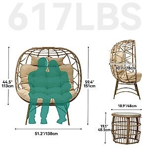 YITAHOME Double Egg Chair with Table 2 Person Wicker Egg Chair Indoor Outdoor Patio Egg Chair with Cushions 617lbs for Patio, Bedroom, Garden and Balcony, Beige