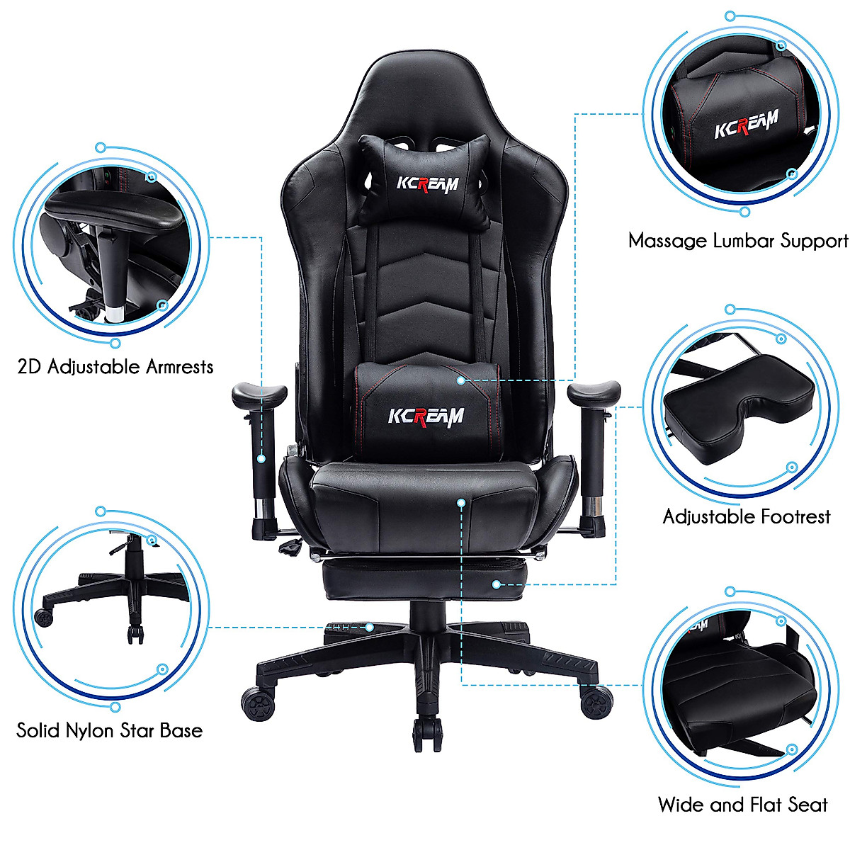 KCREAM Gaming Chair with Footrest Adults Gamer Chair High Back PU Leather Gaming Computer Chair Large Racing Game Chair, with Adjustable Armrests and Massage Lumbar Support (Black)