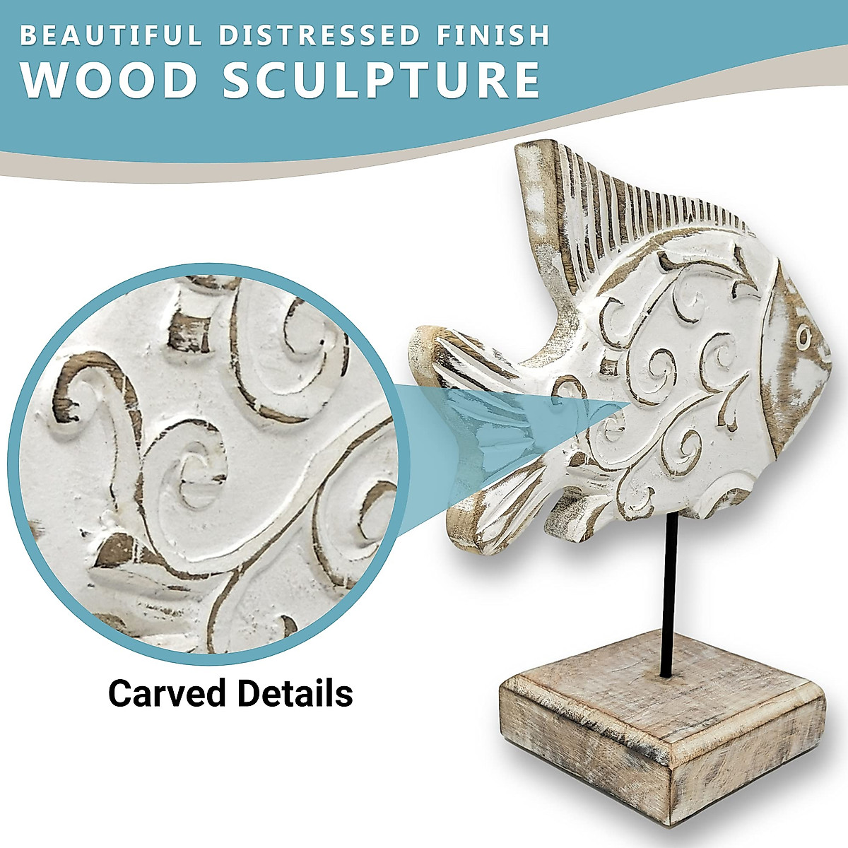 Wooden Fish Sculpture Home Decor | Handmade Beau Butter Fish Statue on Base Stand | Nautical Beach House Decor Rustic Centerpiece Table Decor for Office, Living Room (Beau Butter Fish)