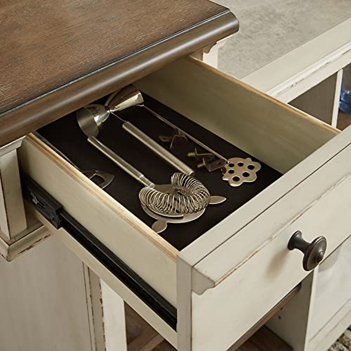 Signature Design by Ashley Realyn French Country Bar with Metal Footrest, White & Beige