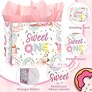Wayyogh Sweet One Gift Bag 1st Birthday Wrap Bag for Girls First Birthday Wrapping Paper Bag with Greeting Card Tissue Paper for Donuts One Year Old Girl Ice Cream Candy Baby Shower Party Supplies