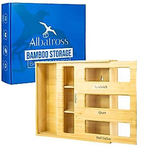 Albatross Bamboo Ziplock Bag Storage Organizer, Magnetic Sliding Lid, Ziplock Bag Organizer for Kitchen Drawer, Plastic Bag Organizer, Home Organization, Organizers and Storage for Snack Bags