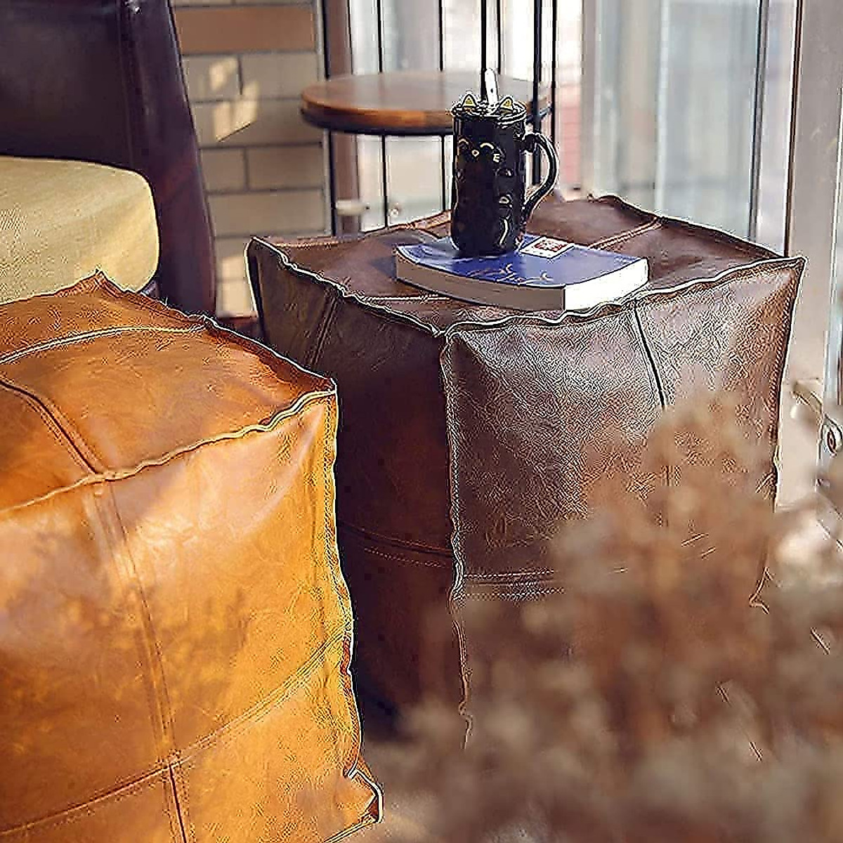 Pouf Ottoman, Unstuffed Ottoman Pouf Cover, Handmade Outdoor Pouf Faux PU Leather Moroccan, Brown 17.7" Square, Ottoman for Living Room Balcony Office Outdoor for Christmas Decorations Gift