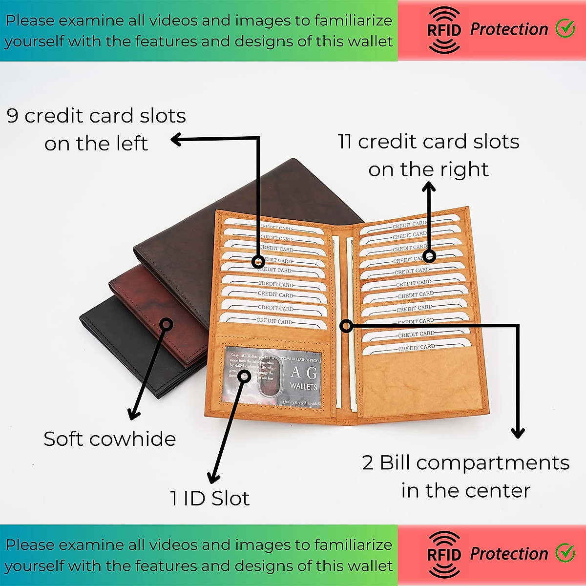 AG Wallets Leather Wallet for Men & Women - Secure RFID Wallet with Space for 20 Credit Cards, 1 ID & Cash - Cowhide Leather Wallet - Slim Bifold Wallet - Long Wallet for Casual or Office - Black