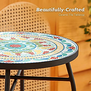 VONLUCE 21" Mosaic Plant Stand, 14 Inch Round Side Table with Ceramic Tile Top, Indoor and Outdoor Accent Table, Outdoor Patio Furniture, End Table for Garden Patio Living Room More, Floral