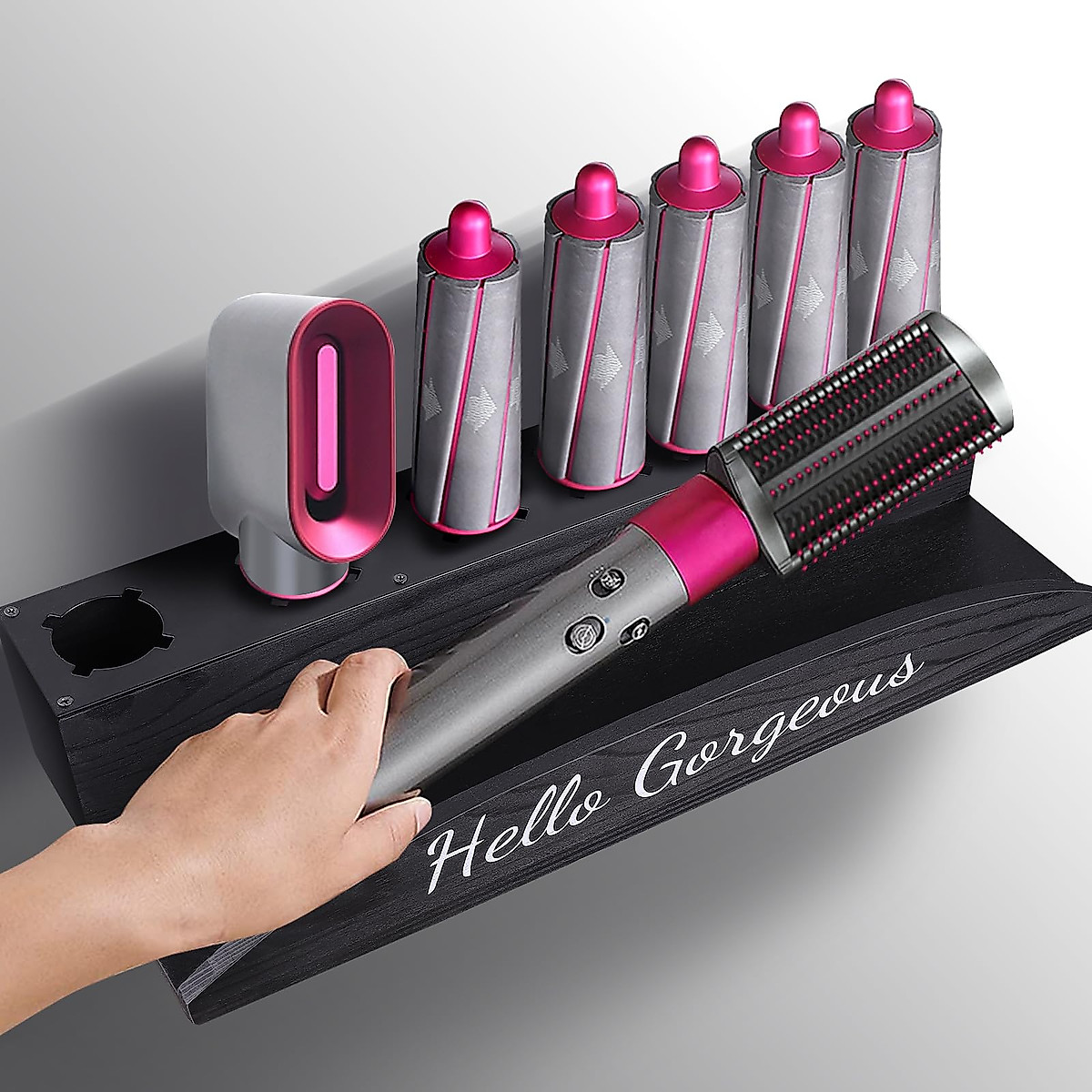 MISTOD Storage Holder for Airwrap Curling Iron Wall Mounted, Rustic Hair Dryer Stand Rack Bracket Wood Hair Wrap Styler Tools Attachments Holder for Bathroom Home Organizer - Black