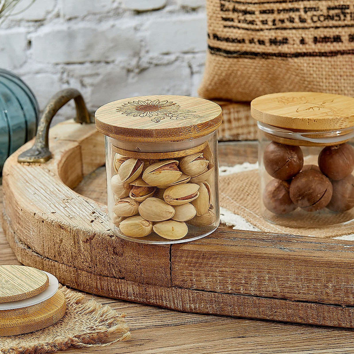 Gueevin Oui Yogurt Jar Lids Natural Bamboo Wooden Oui Lids Decorative Lids with Silicone Sealing Rings Compatible with Oui Yogurt Jars for Coffee Cookie Supplies(12 Pieces)
