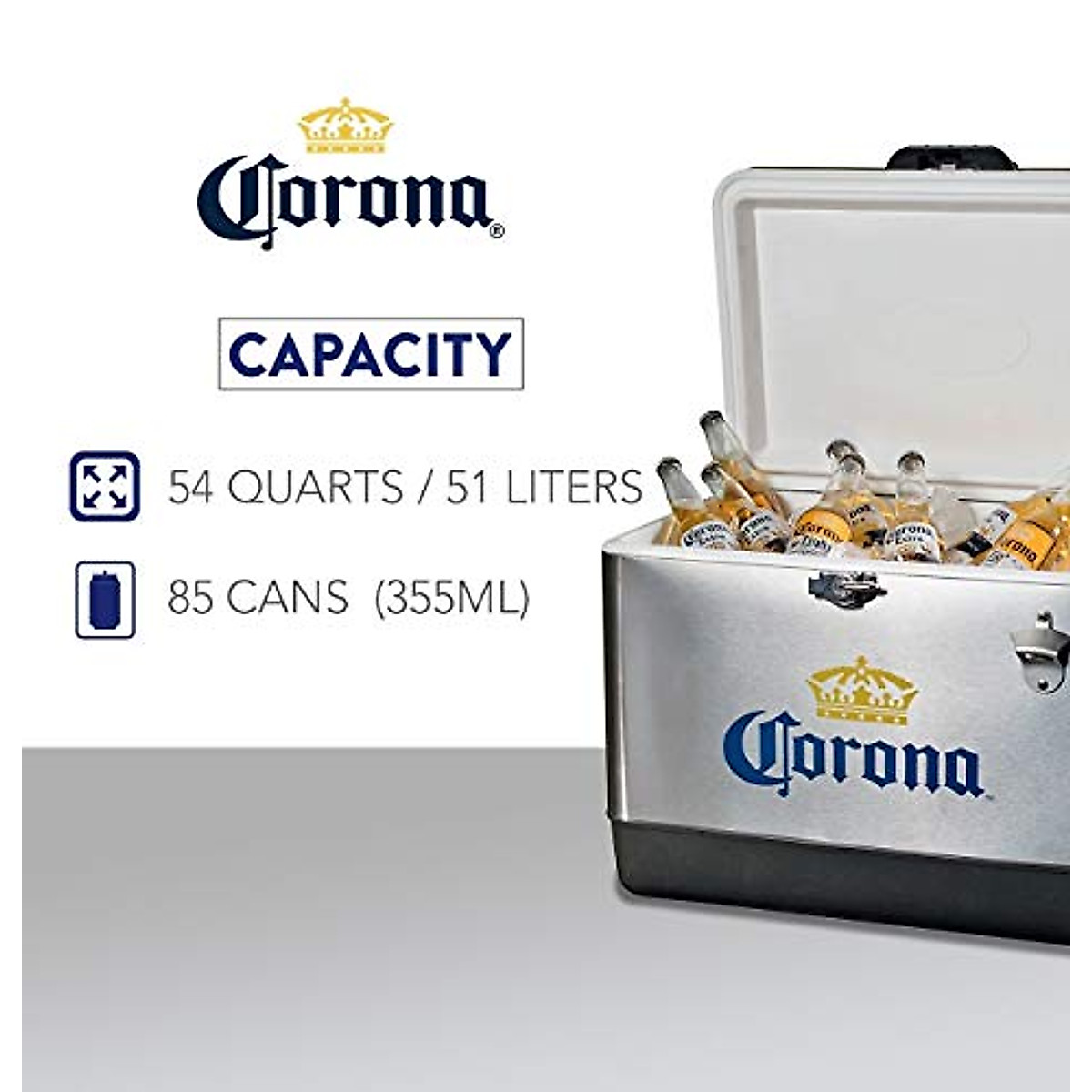 Corona Ice Chest Beverage Cooler with Bottle Opener, 51L (54 qt), 85 Can stainless steel Portable Cooler, Silver and Black, for Camping, Beach, RV, BBQs, Tailgating, Fishing