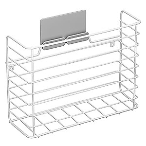 mDesign Metal Hanging Shelf-Adhesive Kitchen Storage Organizer Basket Bin - For Bags, Tin Foil, Wax Paper, Saran Wrap - Hardware Included, Solid Steel - White