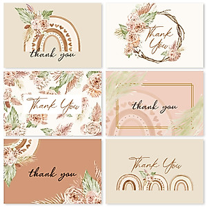 AnyDesign 36 Pack Boho Thank You Cards Boho Rainbow Floral Thank You Note Cards with Envelope Stickers Bohemian Flower Blank Cards for Birthday Wedding Baby Shower Bridal Shower, 4 x 6 Inch