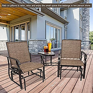 2 Person Patio Double Swing Glider Chair with Center Table and Umbrella Hole, Outdoor Sling Fabric Steel Frame Rocking Chair Set for Garden,Porch,Backyard, Poolside, Lawn,Balcony (Brown)