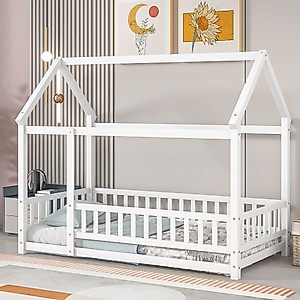 CITYLIGHT Twin Floor Bed Frame, Pine Wood, White With Roof, 20"W