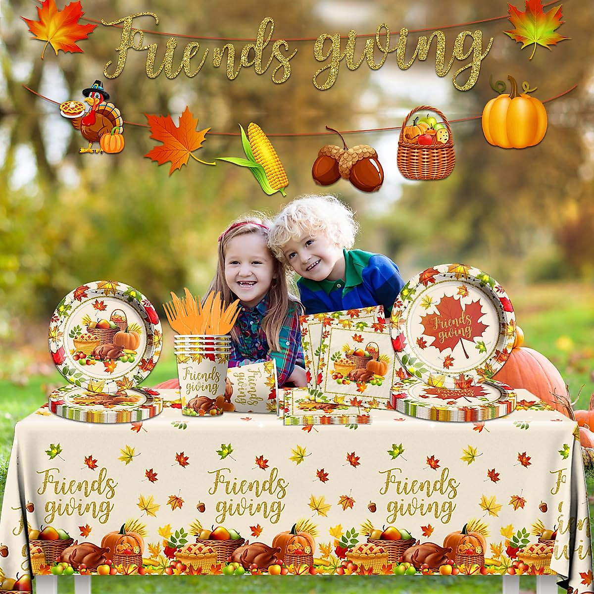 Friends Giving Party Decorations,142Pcs Fall Tableware Includes Paper Plates,Tablecloth,Cups Autumn Pumpkin Maple Turkey Theme Decorations for Friends Giving Holiday,Fall Decoration