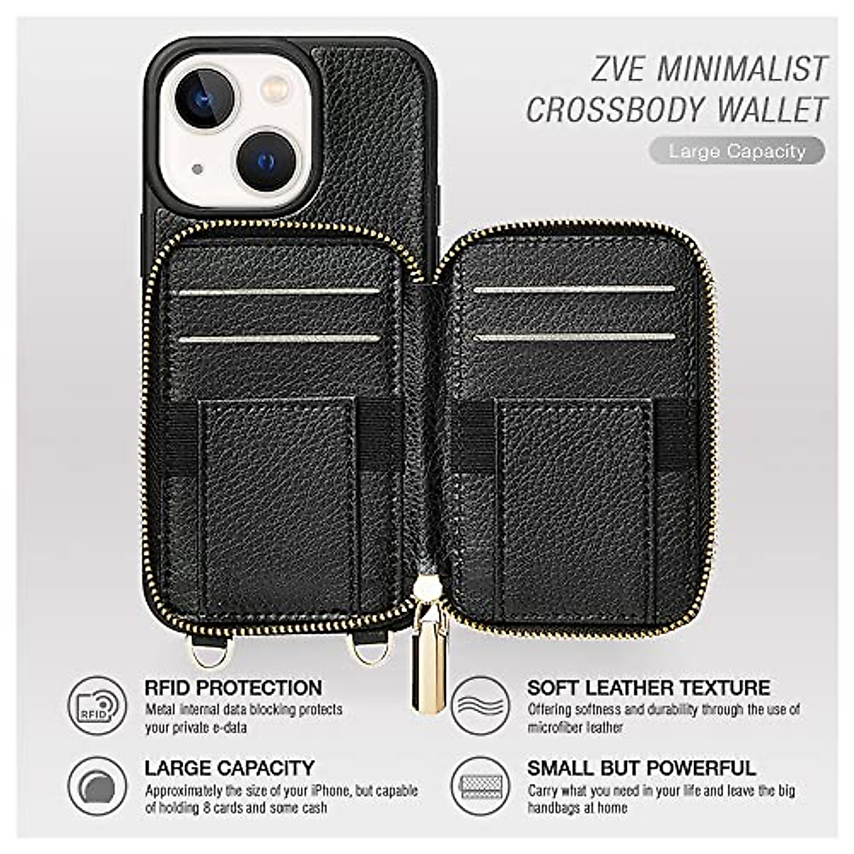 ZVE for iPhone 14 Plus Crossbody Wallet Case for Magsafe, Magnetic Phone Case with RFID Blocking Card Holder Wrist Strap for Women, Zipper Leather Cover for iPhone 14 Plus, 6.7"-Black