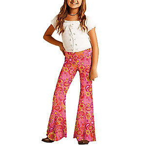 Deerose Hippie Flared Pants for Girls 70s 80s Costume Cute Pink Bell Bottom Floral Print Bootcut 3-4 Years